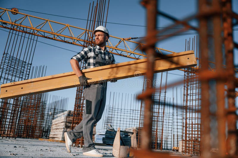 View from the Side. Walking and Holding Wooden Plank Stock Photo - Image of side, worker: 271613132