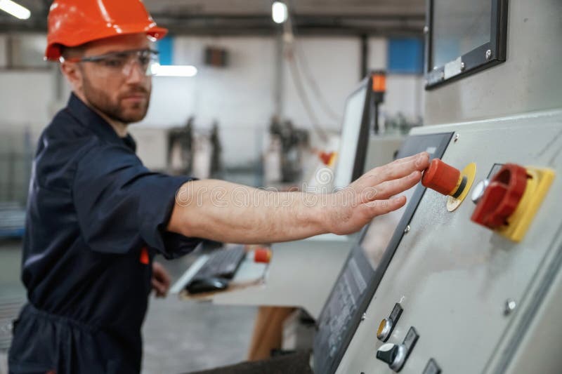 View Side Working Machine Operator Factory Worker Indoors Hard Hat ...
