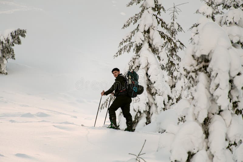 View of Skier Climbing the Hill on Splitboard. Ski Touring in Mountains ...