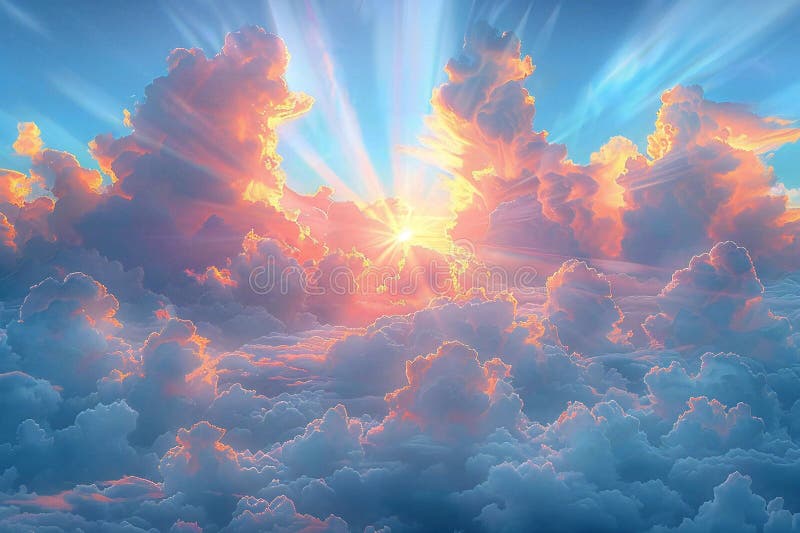 A View of the Sky from Above, Beautiful Clouds and Sun Rays, Heaven ...
