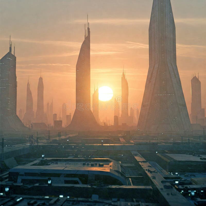 View of the Skyline of a Futuristic City at Sunset with the Sun in ...