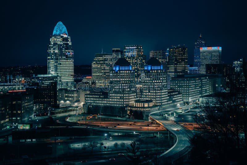 View of the Skyline at Night, Cincinnati, Ohio Stock Image - Image of ...