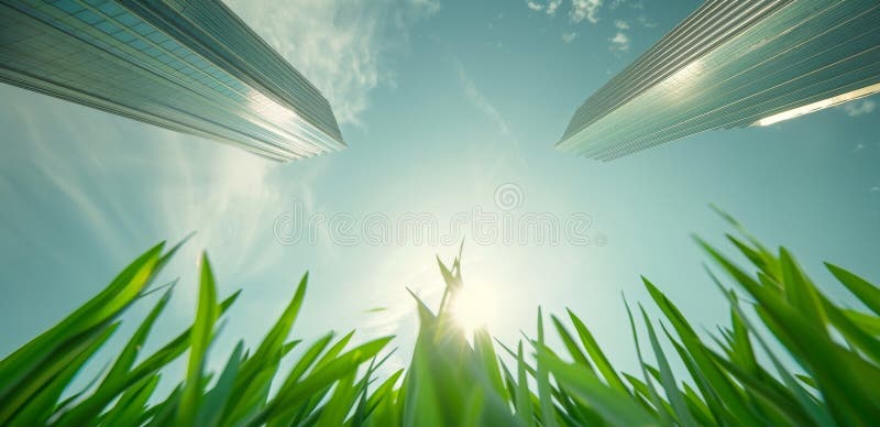 View of Skyscrapers from Ground Level with Sunlight and Green Grass ...