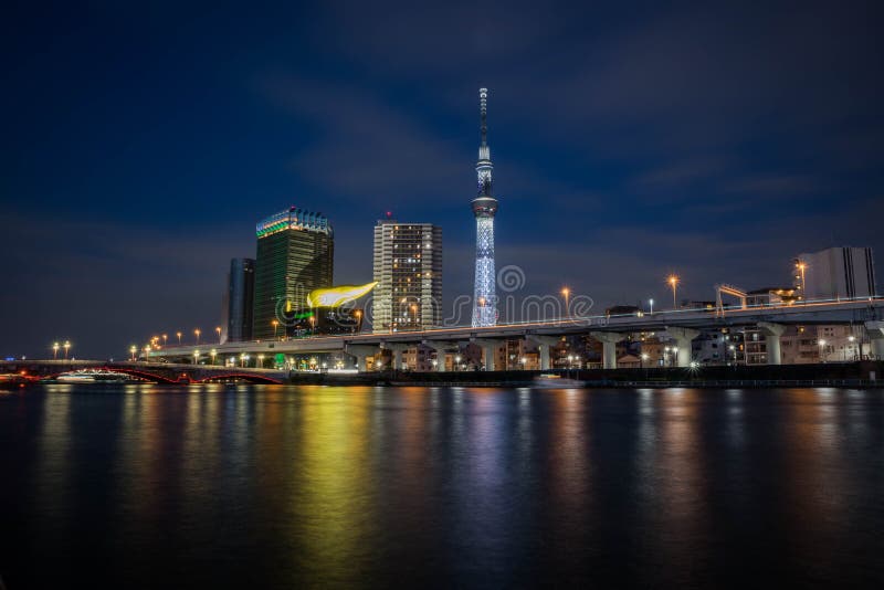 View of the Skytree Tower with the Reflection in the River at Night ...