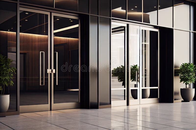 View of Sleek, Modern Entrance Doors in a Stylish Office Building Stock ...