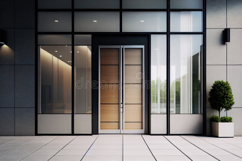 View of Sleek, Modern Entrance Doors in a Stylish Office Building Stock ...