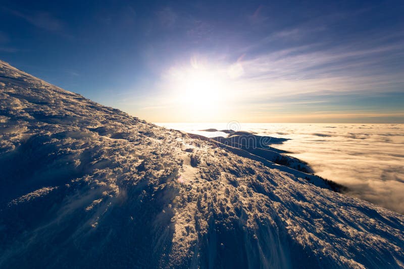 View from the Slope of the Mountain at Sunset, Snow Texture, Clouds ...