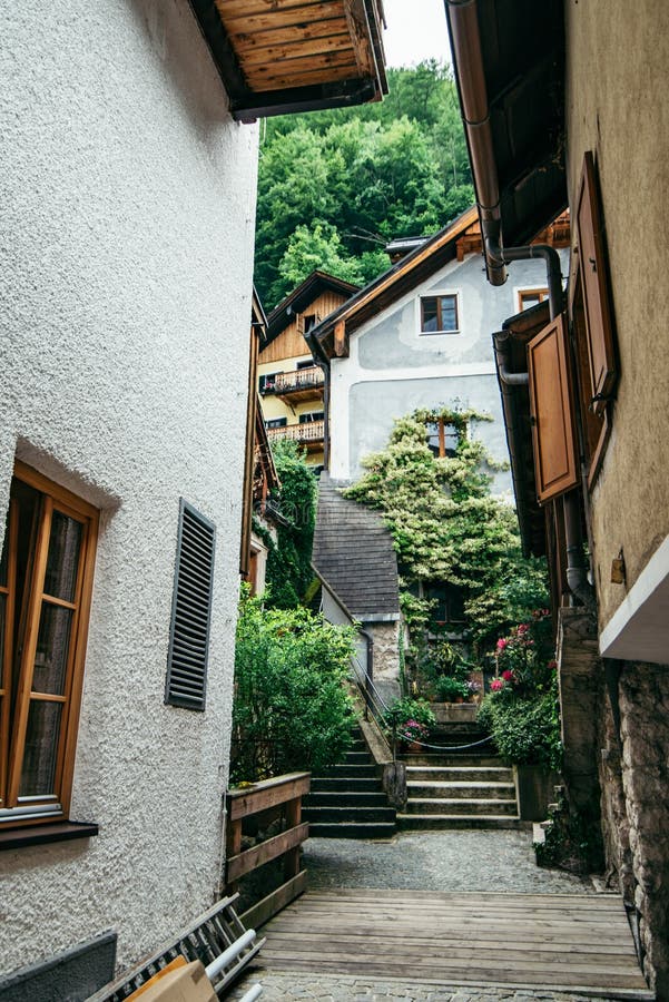 View of Small Hallstatt Street with Stairs Stock Image - Image of clean ...