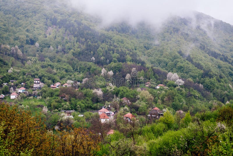 Small Mountain Village. stock image. Image of evergreen - 66283565