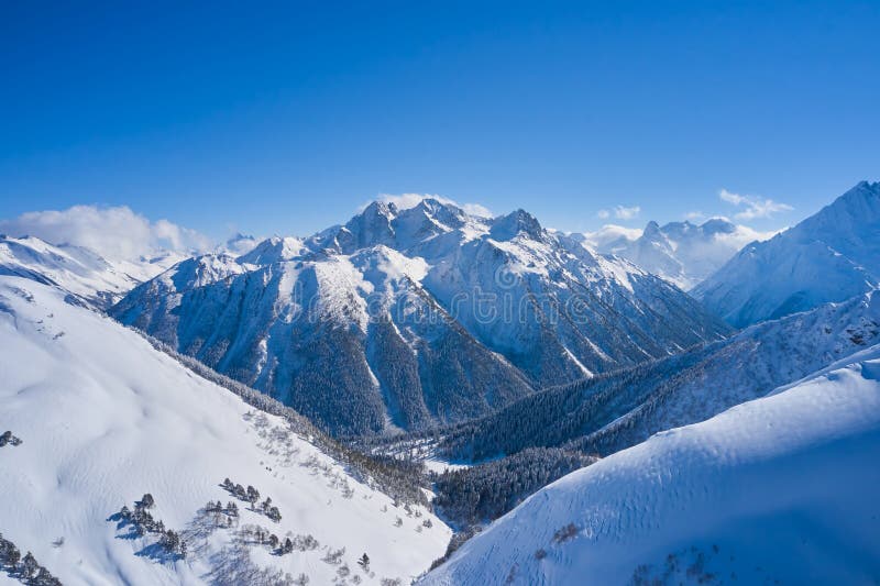 View of the Snow Capped Mountain and Snow-covered Gorge Stock Image ...