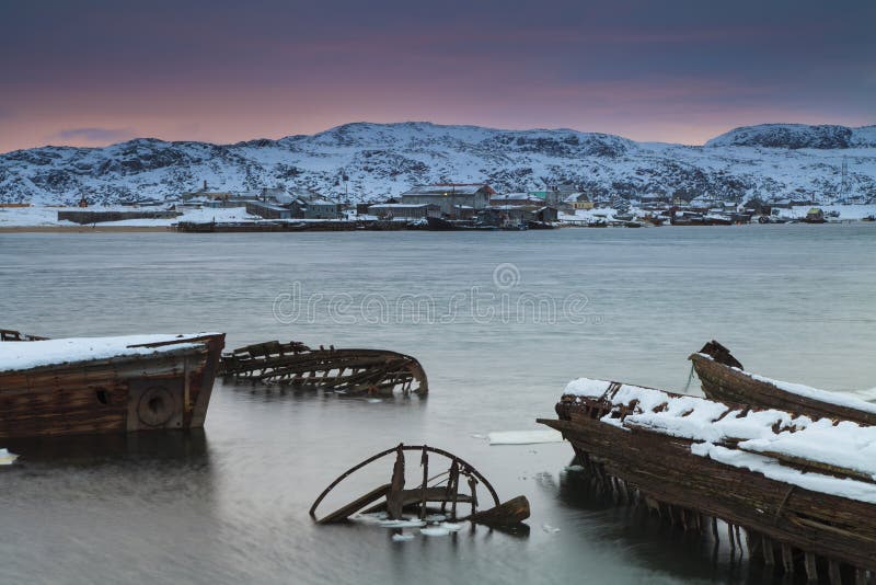 View of Snow-covered Shore with Boats Stock Image - Image of snow ...