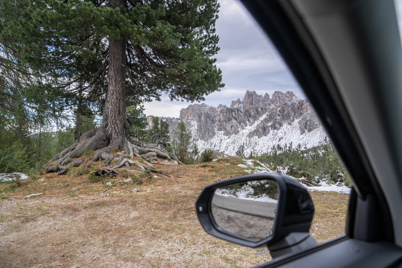 View of Snowy Alpine Mountain Landscape from Car Window Stock Image ...