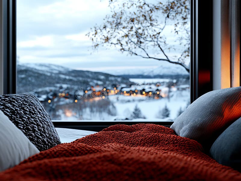 A View of a Snowy Landscape from a Window with a Red Blanket on a Bed ...