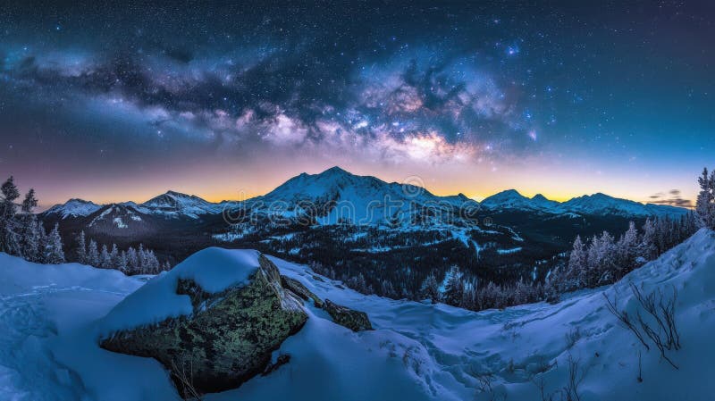 A View of a Snowy Mountain Covered in Snow and Stars, AI Stock Image ...