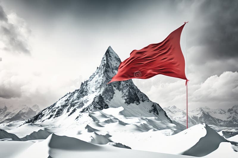 View of Snowy Mountain Peak with Red Flag Waving in the Wind Stock ...