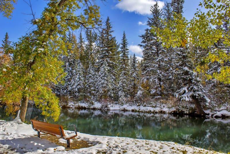Snowy Bench Facing a Lake stock photo. Image of outdoors - 160602632