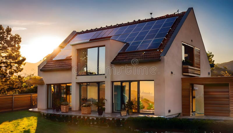 View of Solar Panel on a Modern House Roof Top with Sun Bright in the ...