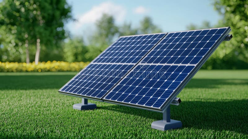 View of Solar Panels on Green Grass Under Sunlight. Stock Illustration ...