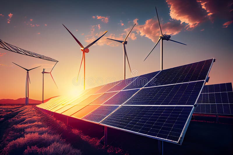 View of Solar Panels and Windmills. Green Energy Stock Illustration ...