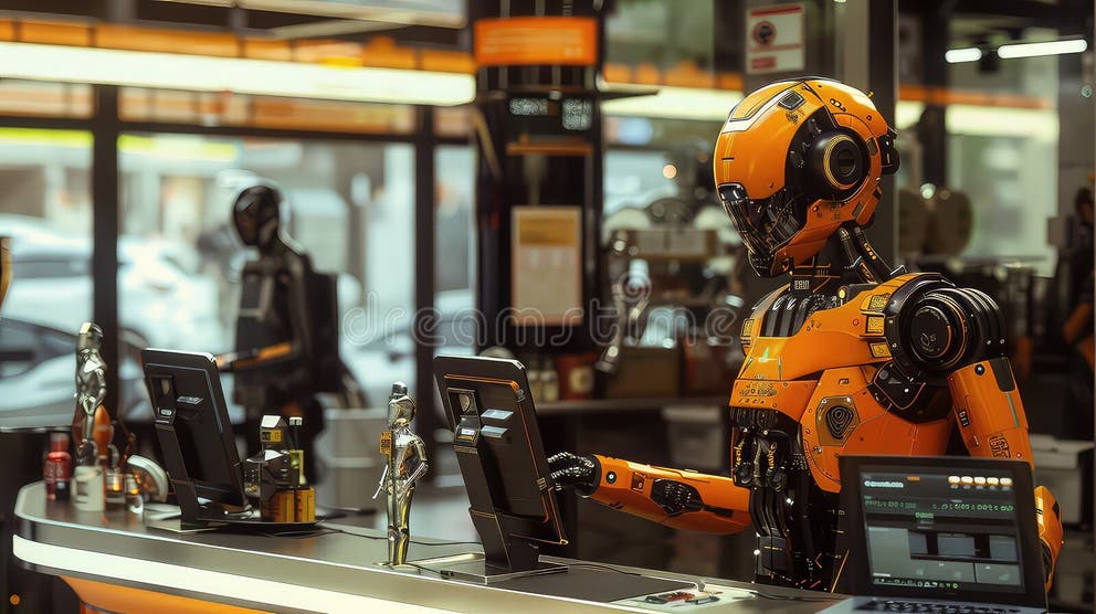 Some Robots Behind the Counter at a Computer, in the Style of Hyper ...