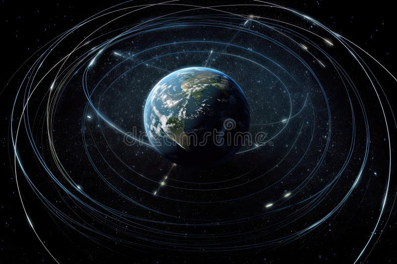 View from Space on Planet Earth with Satellites Orbits Around it ...