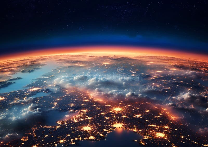 View from Space with Sunrise and Night City through Clouds.Wide Angle ...