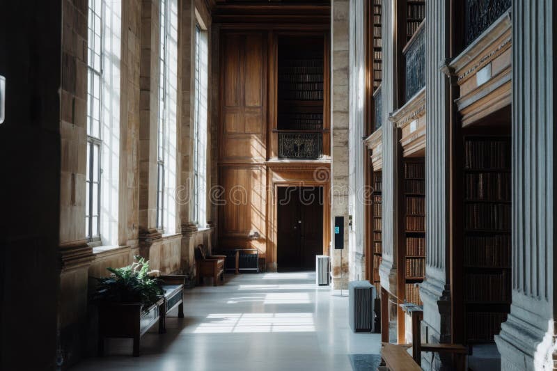 View of a Spacious Ancient Library with Tall Windows and Rows of Books ...