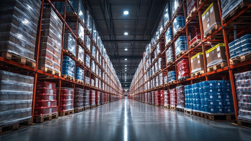 View of a Spacious Logistics Warehouse Filled with Organized Cargo ...