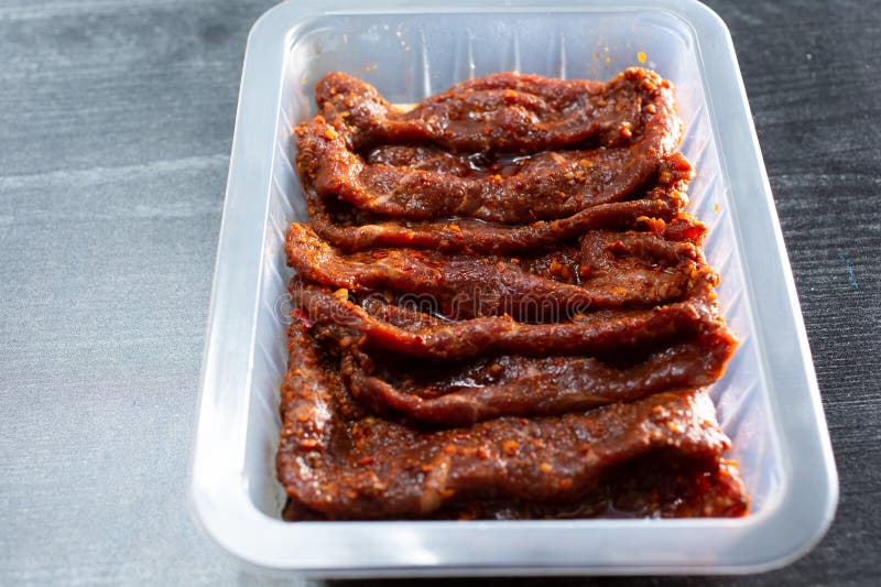 Raw Spicy Marinated Beef in Plastic Container Stock Image - Image of ...