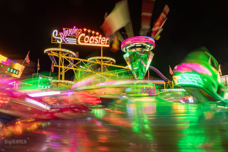 Green Color Spinning Coaster at Night Stock Photo - Image of motion ...