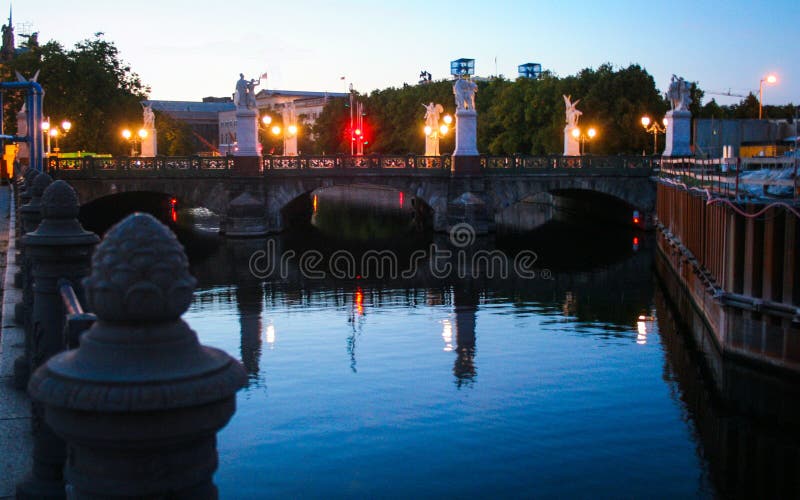 View of Spree Riverside at Night Stock Photo - Image of center ...