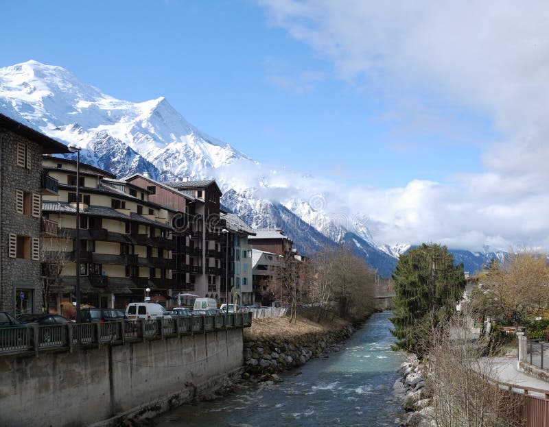 View of Spring Chamonix with Mountain River Stock Photo - Image of mont ...