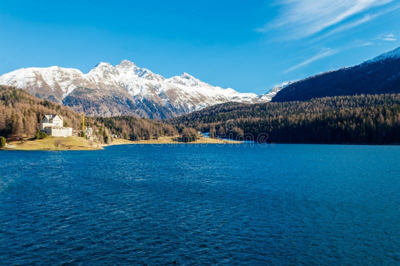 View of St. Moritz Lake in Graubunden Canton, Switzerland Stock Photo ...