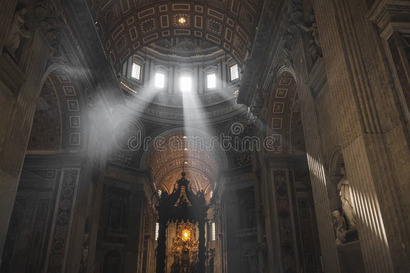 View of St. Peter Basilica Interior with Rays of Light Falling on Altar ...