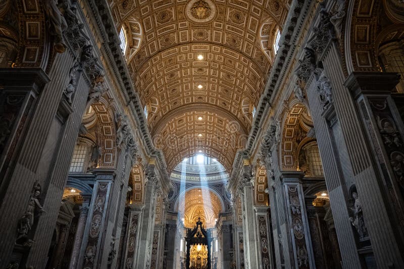 View of St. Peter Basilica Interior with Rays of Light Falling on Altar ...