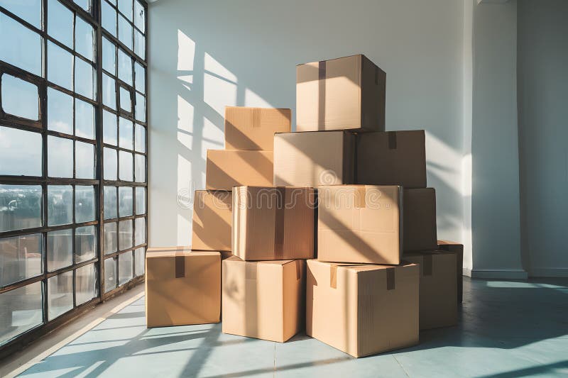 View Stack of Cardboard Boxes in White Room with Sunlight Stock ...