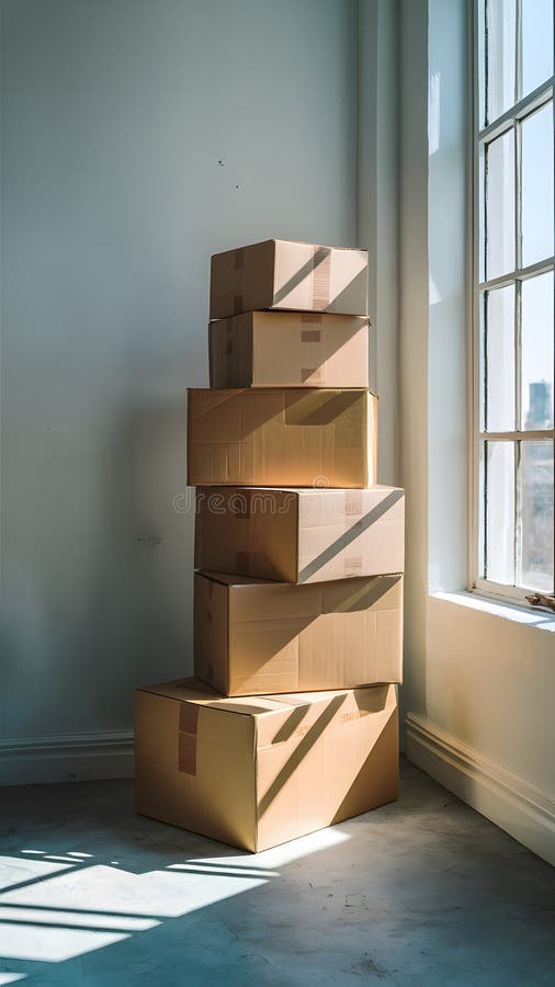 View Stack of Cardboard Boxes in White Room with Sunlight Stock ...