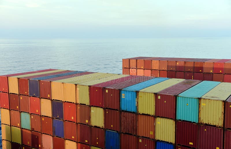 Stack of the Containers Loaded on Deck of the Cargo Ship. Stock Image ...