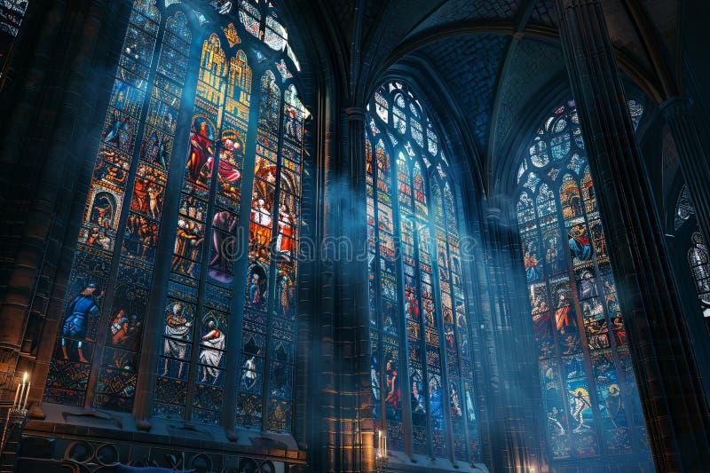 A View of Stained Glass Windows Inside a Dimly Lit Gothic Cathedral ...