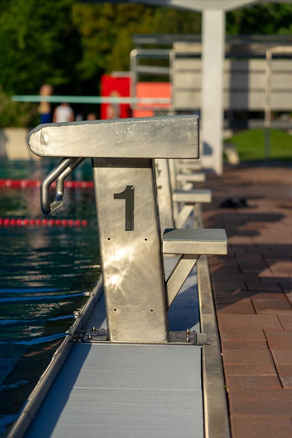 View of the Starting Blocks in the Outdoor Pool on a Summer Evening ...
