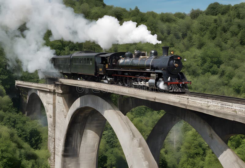 A View of a Steam Train Going Over a Bridge Stock Illustration ...