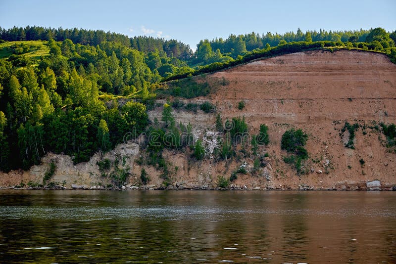 View of the Steep River Bank on a Sunny Day. Hilly River Bank Overgrown ...