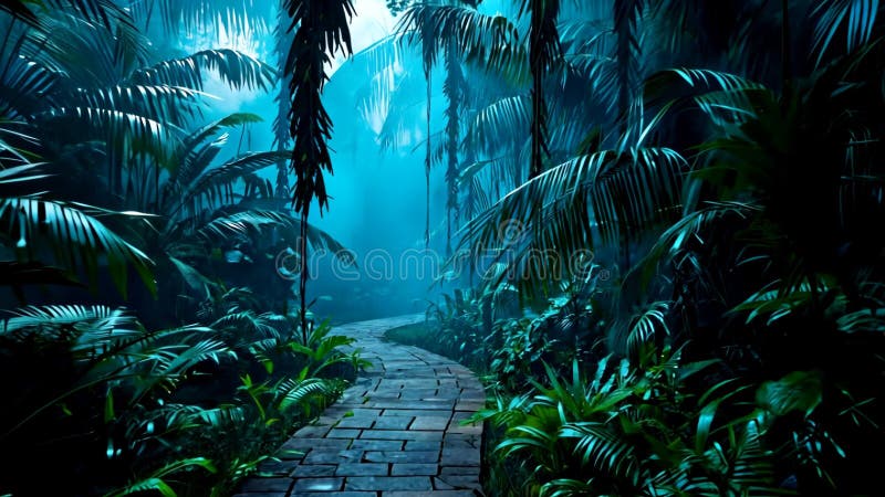 Walking through a Stone Path Inside a Dark Jungle, Camera Moves Forward ...
