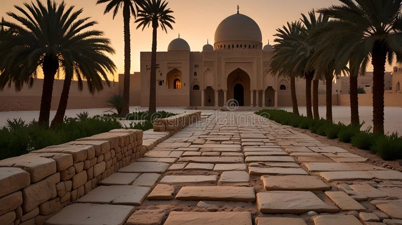 A Stone Pathway through an Oasis, Leading Toward an Ancient Mosque at ...