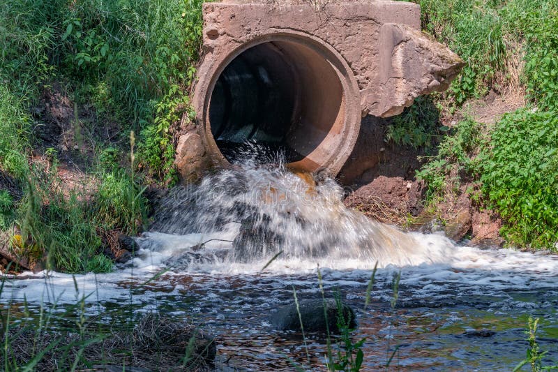 A View of the Stormy Flow of Water from the Culvert on a Bright Summer ...