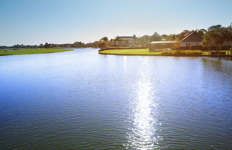 View on Suburb District with Pond and Palm Trees. Florida, USA Stock ...