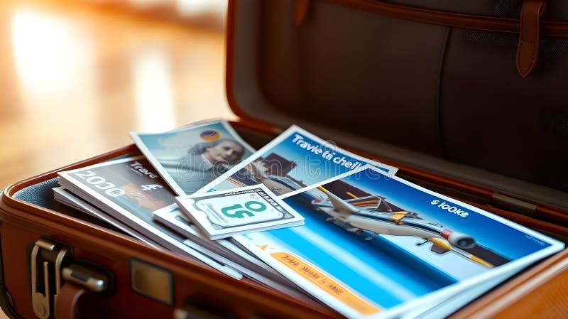 A Suitcase with Travel Brochures and a Stack of Money Stock ...