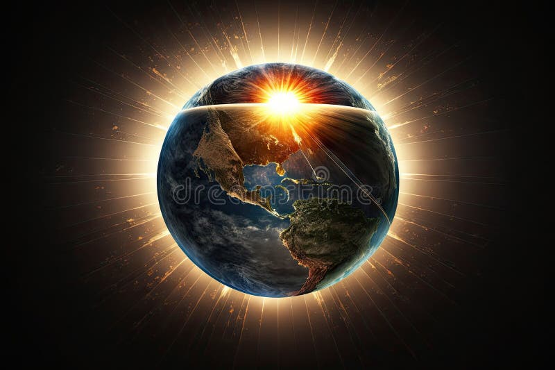 A View of the Sun Rising Over a Globe, with Rays of Light Illuminating ...