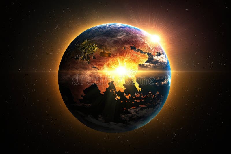 A View of the Sun Rising Over a Globe, with Rays of Light Illuminating ...