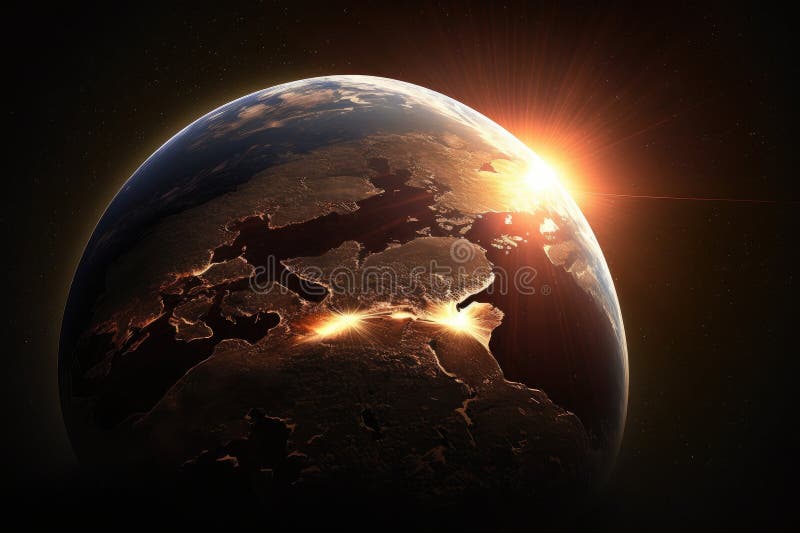 A View of the Sun Rising Over a Globe, with Rays of Light Illuminating ...